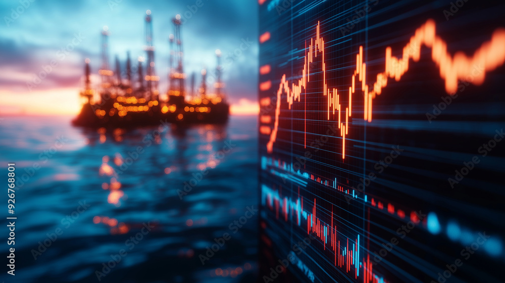 Barrels of oil beside a stock chart spiking upwards, with offshore rigs ...