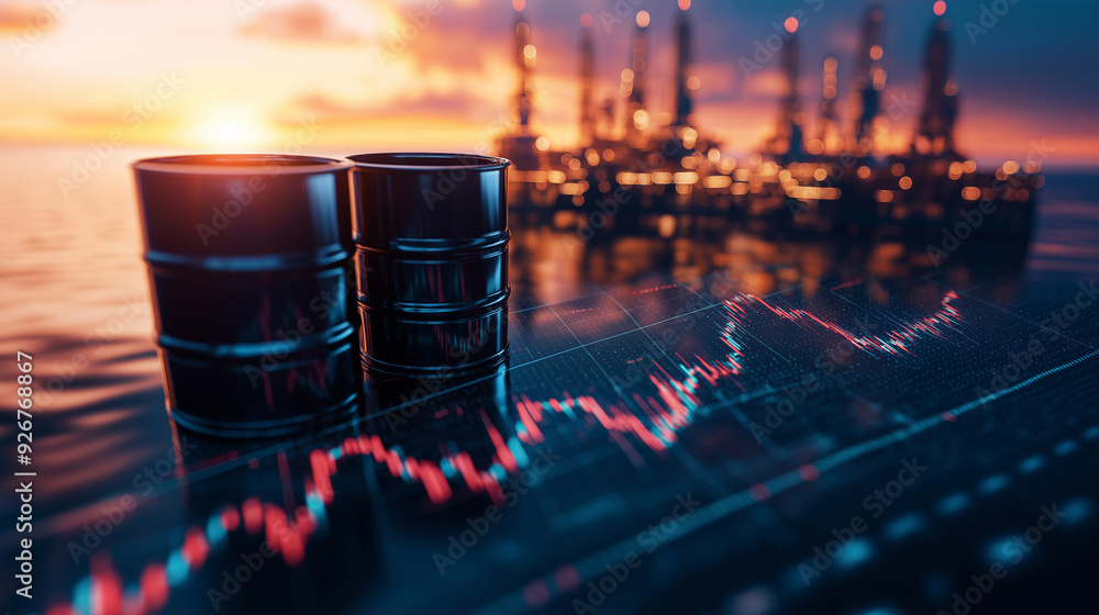 Oil barrels and a stock chart line intertwined, with offshore rigs ...