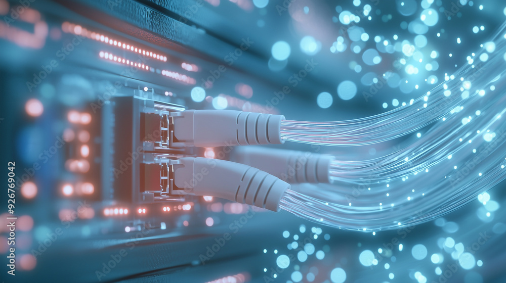 close-up shot of network cables connecting to a main switch in an ...