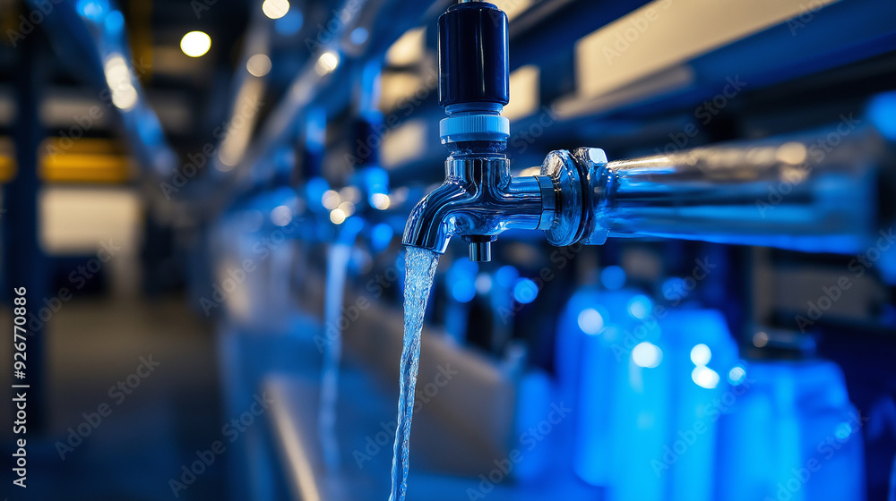 Close-up of the pure water outlet on a reverse osmosis unit, with a ...