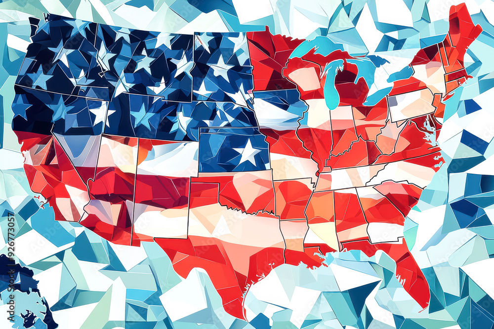 Abstract American Map with Fragmented Red and Blue States. A colorful ...