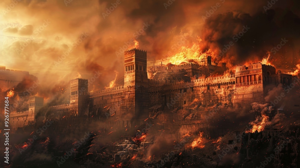 Realistic photo capturing the burning walls and destruction of troy ...