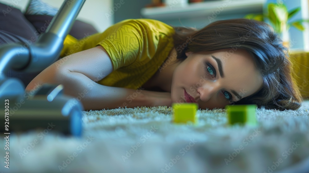 Woman with vacuum beneath couch or bed, housework, grime, and ...