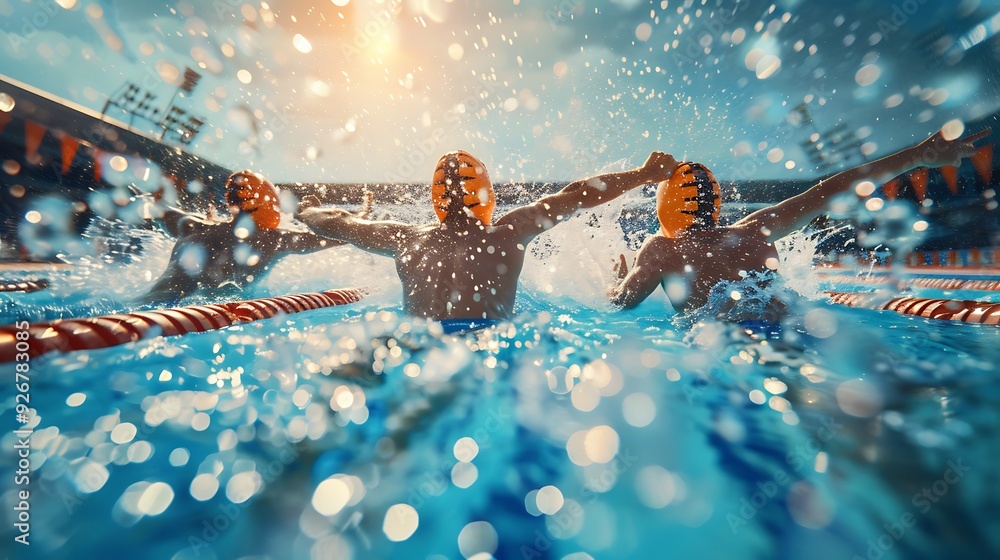 Young swimmers launching into the water from the starting blocks or ...