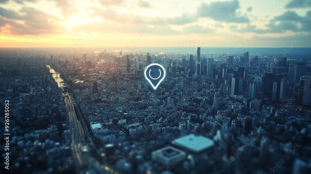 Modern cityscape combined with a location information concept featuring ...