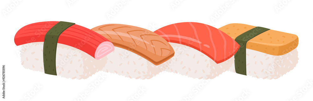 Cartoon sushi. Japanese seafood dish, sushi with salmon, eel fish and ...