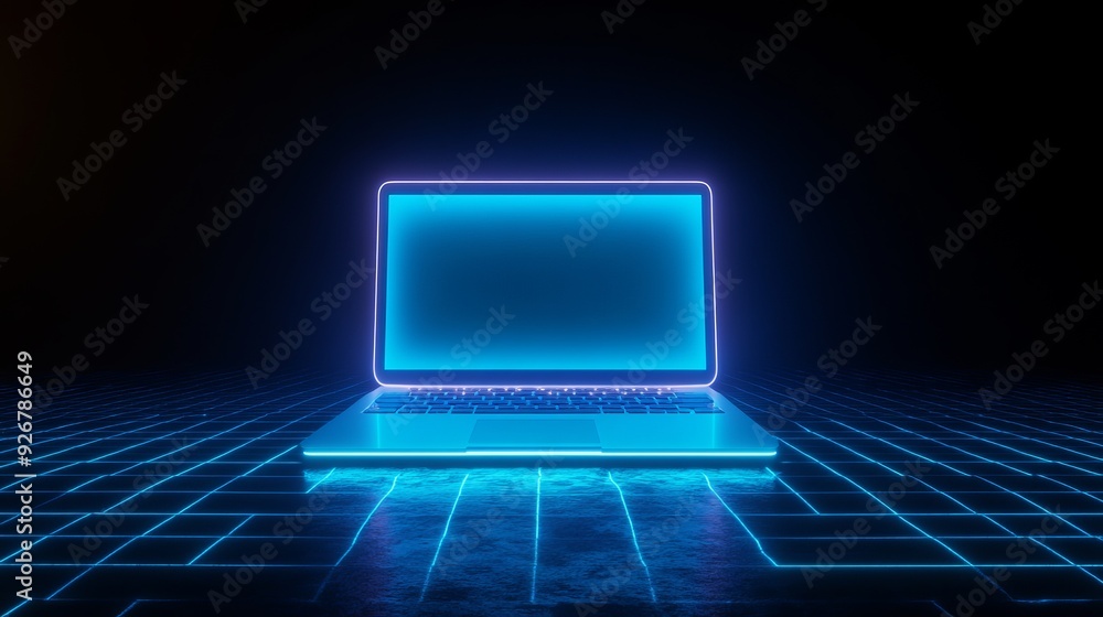 Portable neon computer with a blank screen on a desk in a dark room ...