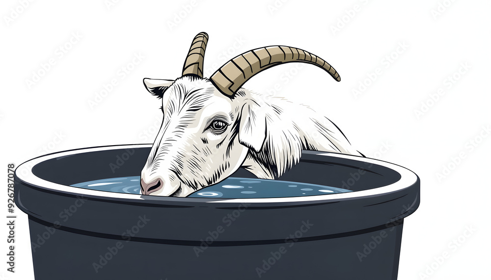 Goat with horns drinking water out of black rubber tub trough isolated ...