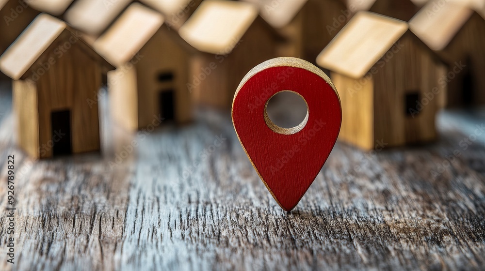 Wooden houses with a red location pin Concepts of location ...