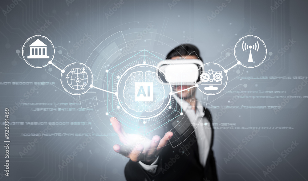 Caucasian business man using chat bot to support and assistant ...