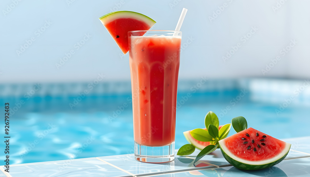 Glass of fresh watermelon smoothie juice drink on border of a swimming ...