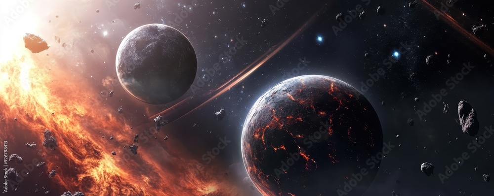 3D illustration of planets in deep space. High quality digital space ...