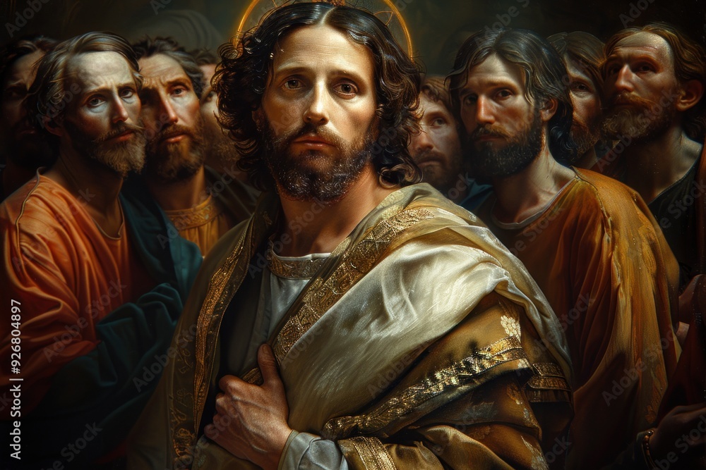 Holy tableau: a portrait of Jesus Christ and his 12 apostles, unity and ...