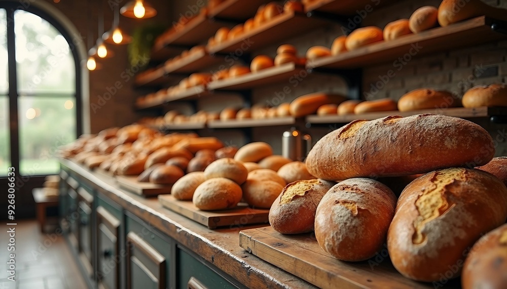 Interior of a traditional bakery with freshly baked bread and pastries ...