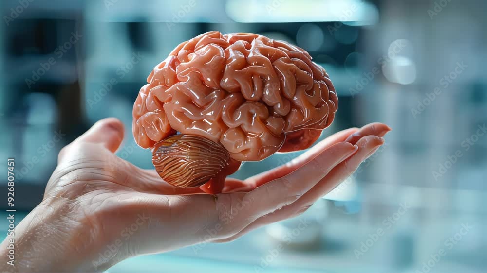 A realistic hand holding a detailed model of a human brain, set against ...