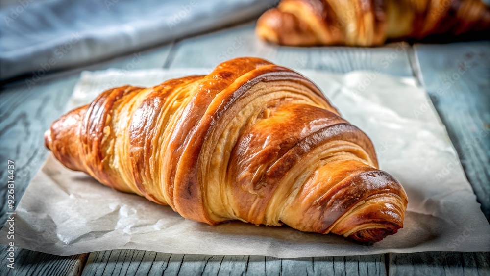 a freshly baked croissant placed on a piece of parchment paper. The ...