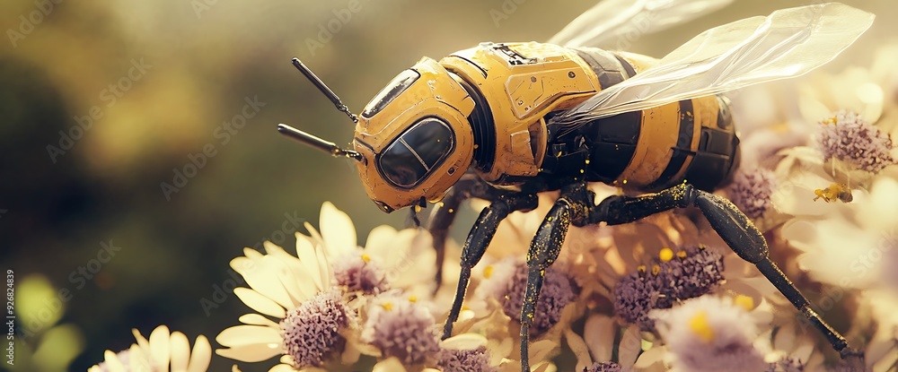 A robotic bee, with yellow and black markings, lands on a cluster of ...