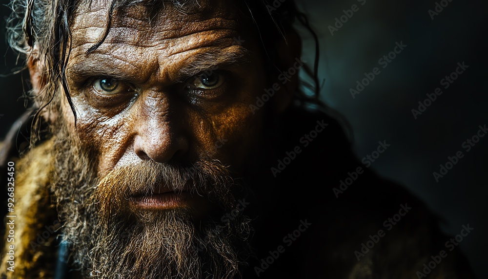 Portrait of a neanderthal man, prehistoric human, tribal caveman in a ...