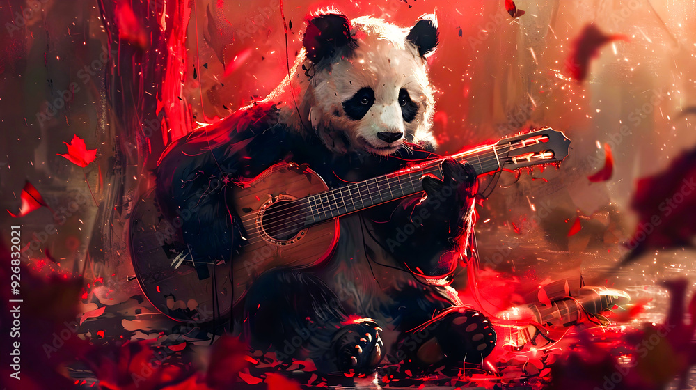 Majestic panda musician playing an electric guitar on a glowing ...