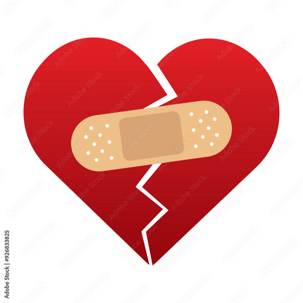 Red Heart broken to two pieces fixed with a plaster patch, vector ...