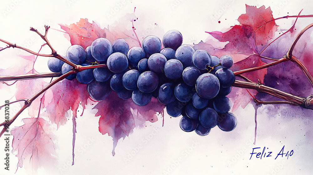 Watercolor painting of a bunch of grapes with vine and leaves, with ...