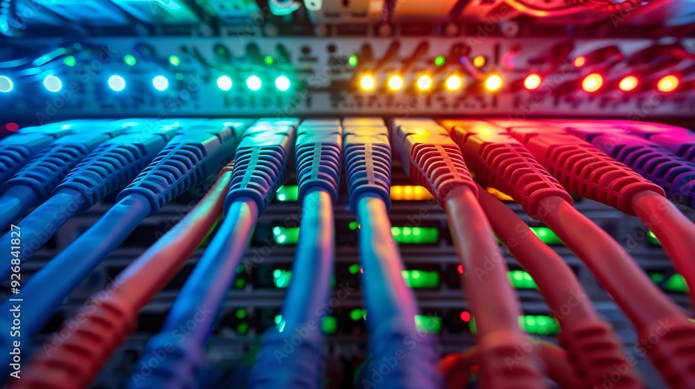 Network Switch and Ethernet Cables in Data Center, Close-Up, server ...