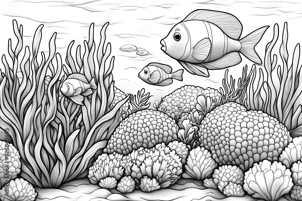 coloring page of underwater ecosystem, fish, coral and plant Stock ...