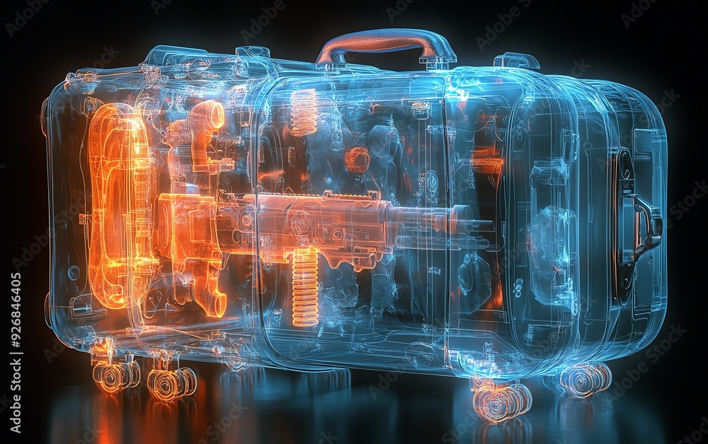Side view X-ray of luggage at an airport, highlighting a clearly ...