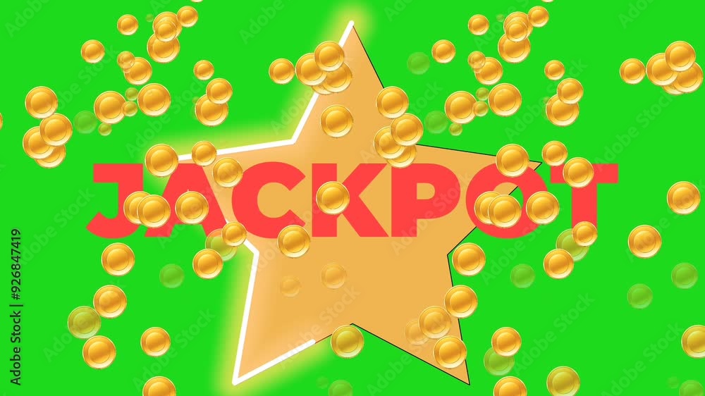 Animated red jackpot writing with yellow star logo with neon line ...