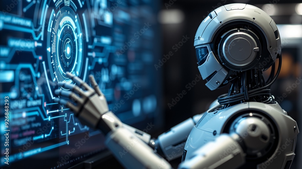 A robotic arm interacting with a holographic display showcasing a ...