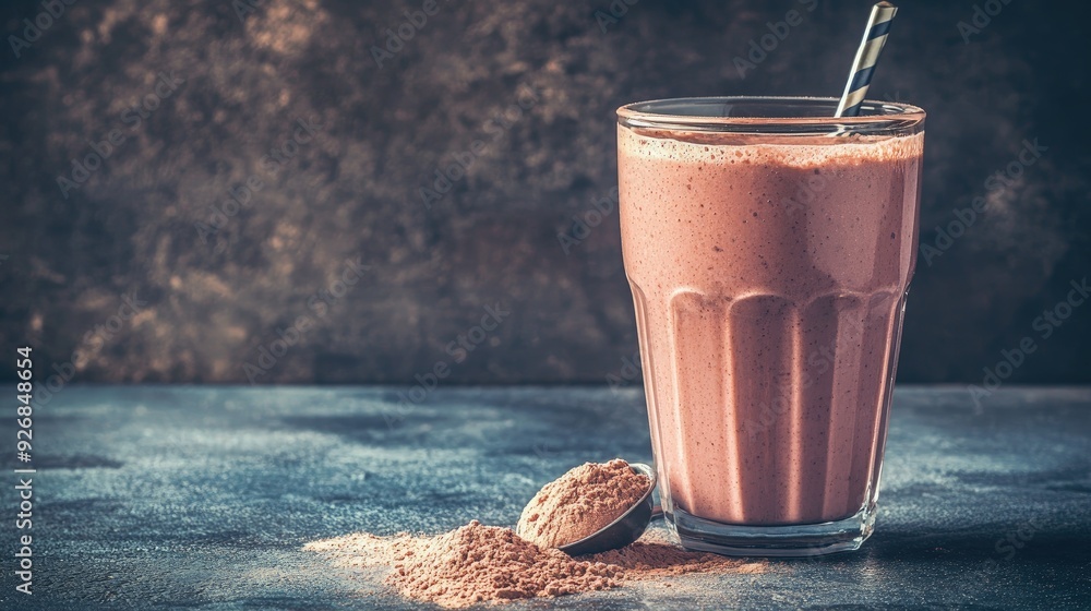Protein shake, glass of chocolate protein shake with a scoop of protein ...