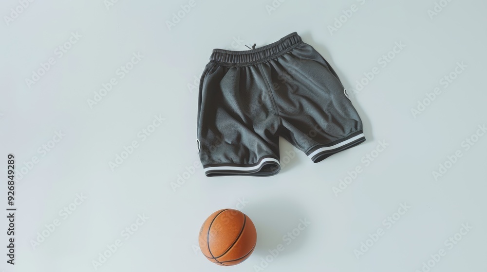 Grey basketball uniform shorts and basketball laying on white ...