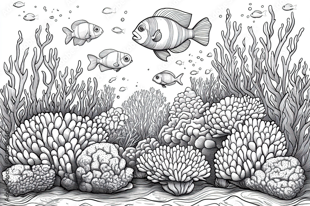 simple coloring page of undersea ecosyetem, fish, coral and plan Stock ...