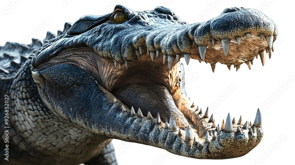 Massive american crocodile with its jaw wide open, sharp teeth visible ...