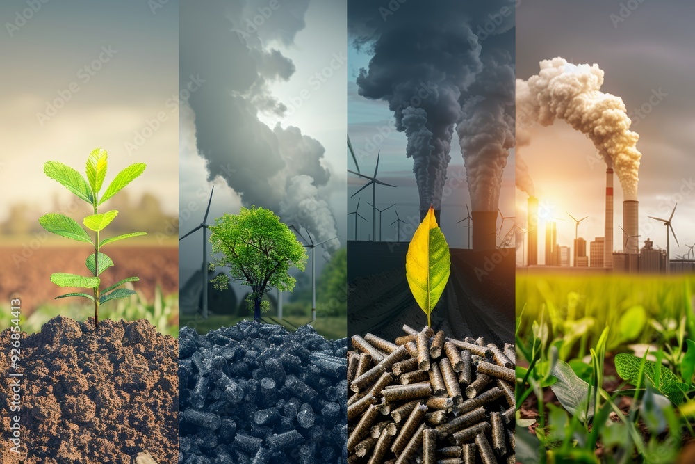 Visual journey climate change impacts transitioning to sustainable wood pellet production Stock ...