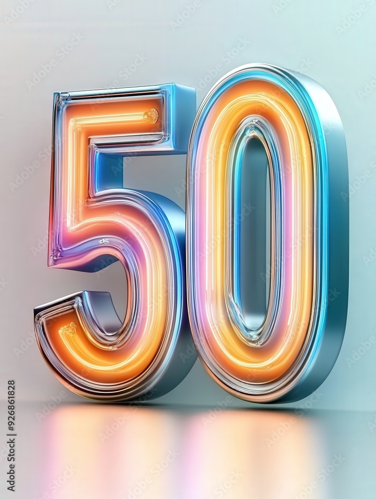 Matte glass 3D text number "50", grass and colorful flowers blooming ...