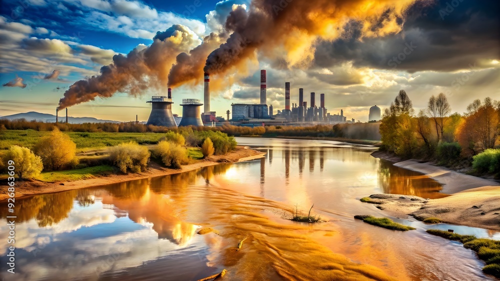 Ecological disaster of heavy industry polluting a river with toxic ...