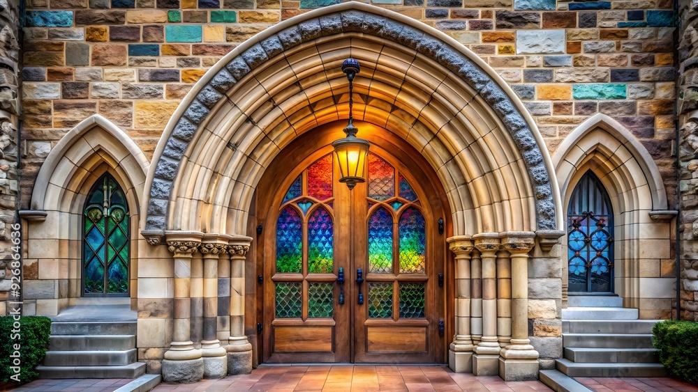 Entrance to a historic stone church with arched doorways and colorful ...