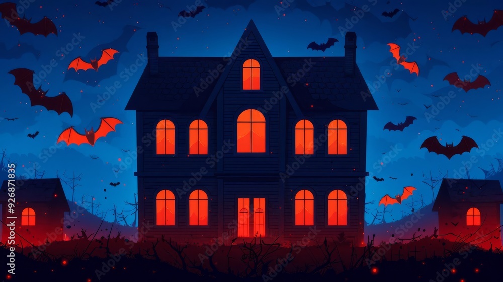 Spooky haunted house at night with glowing windows, flying bats, and ...