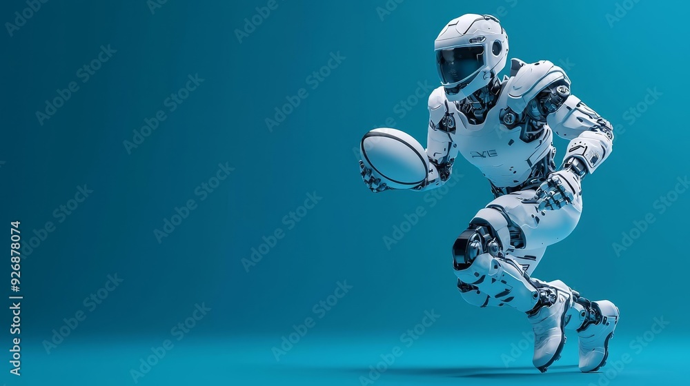 Full body android robot playing rugby, running with the ball, isolated ...