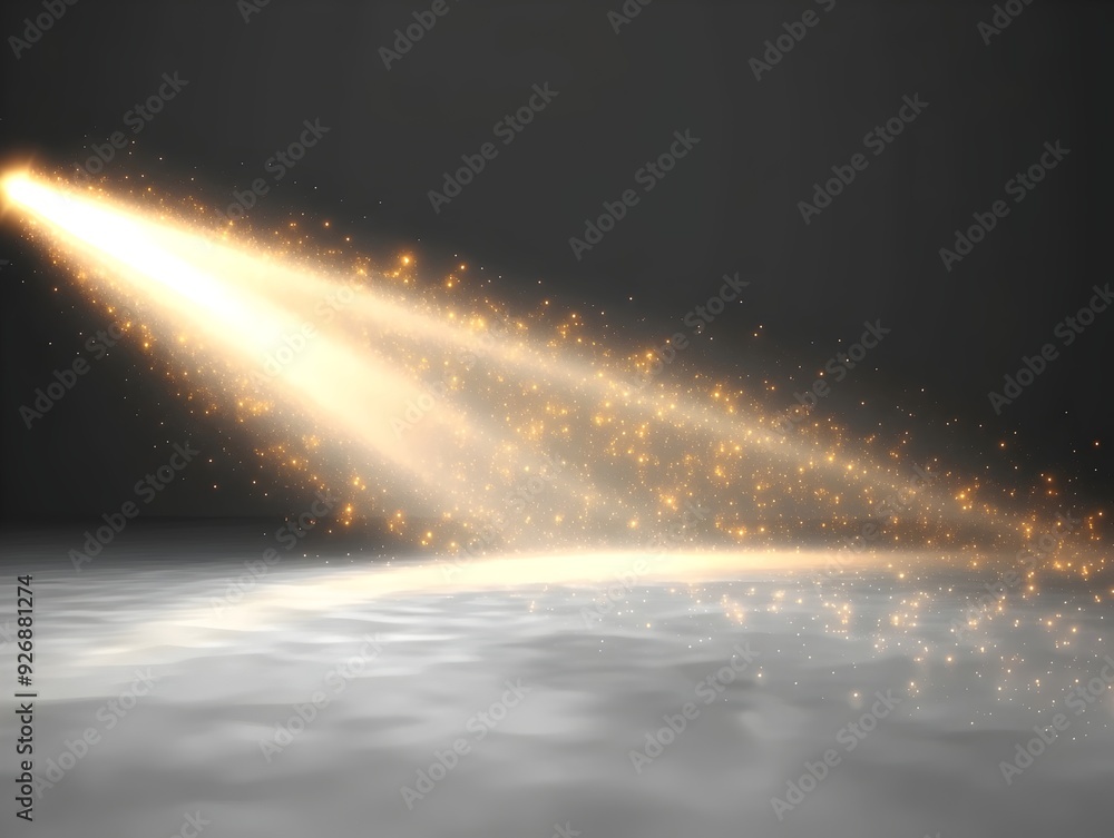 Radiant beam of golden light shines through dark mist, scattering ...