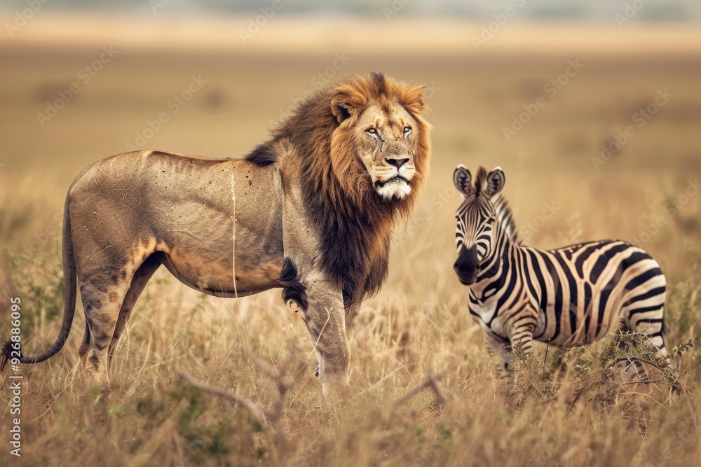 Lion and zebra lie close together amidst dense foliage, Unusual pairing ...
