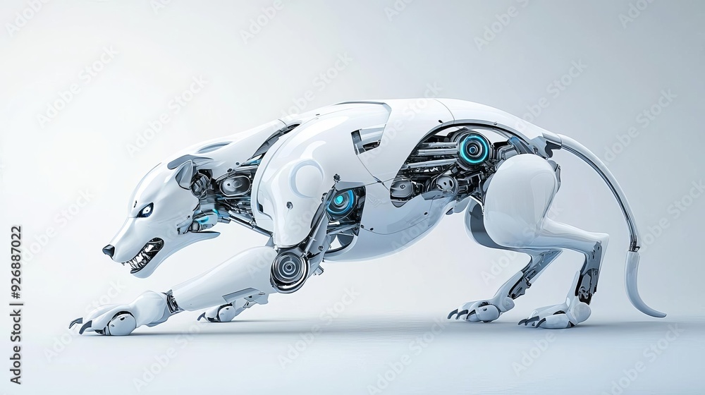 Full body android robot as a werewolf, mid-transformation, isolated on ...