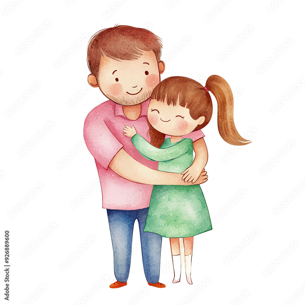 Cute cartoon father and daughter hugging, simple watercolor clipart ...
