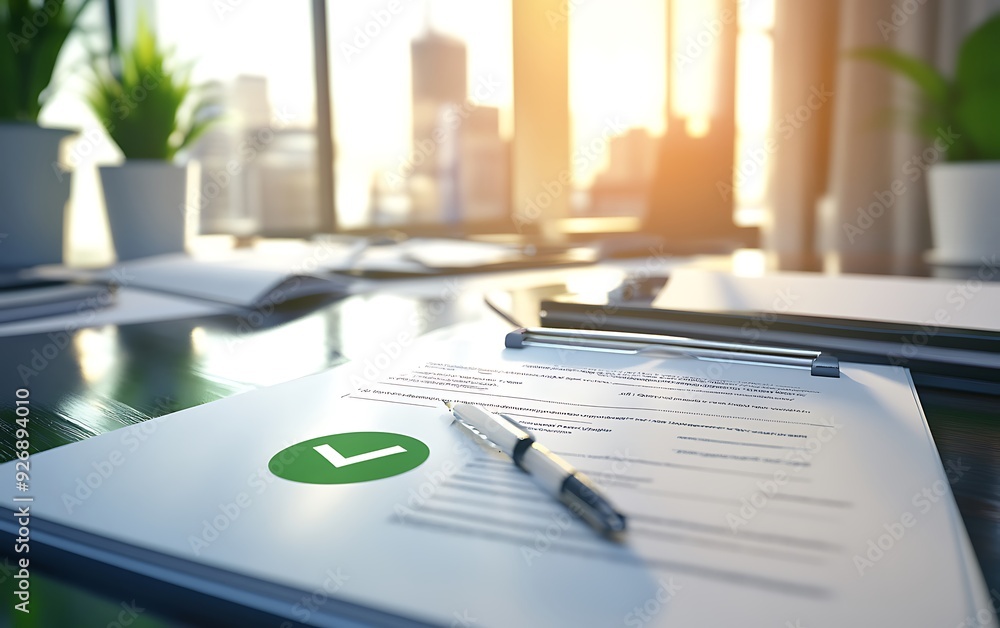 Validated Document with Green Check Mark on Polished Corporate Desk Stock Photo | Adobe Stock