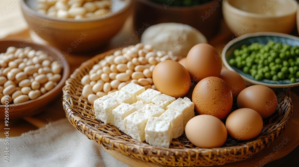 27. An assortment of protein-rich foods like eggs, tofu, and legumes ...