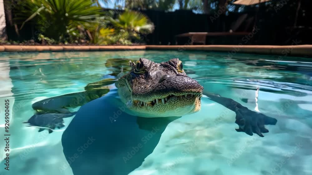 close up happy alligator swimming floating in swimming pool with relax ...