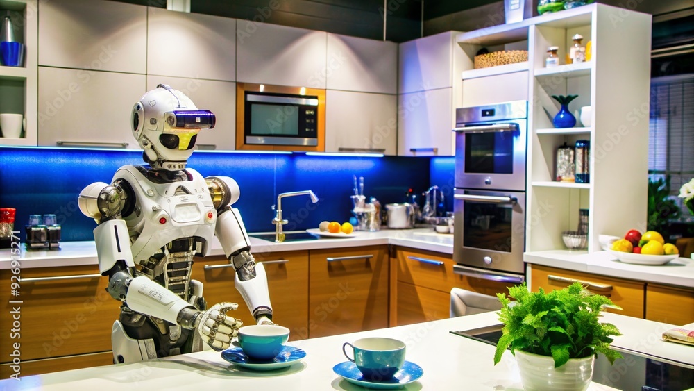 Robot drinking tea in a modern kitchen setting, robot, artificial ...