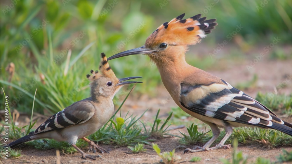 Eurasian hoopoe bird feeding its juvenile in a natural setting , hoopoe ...