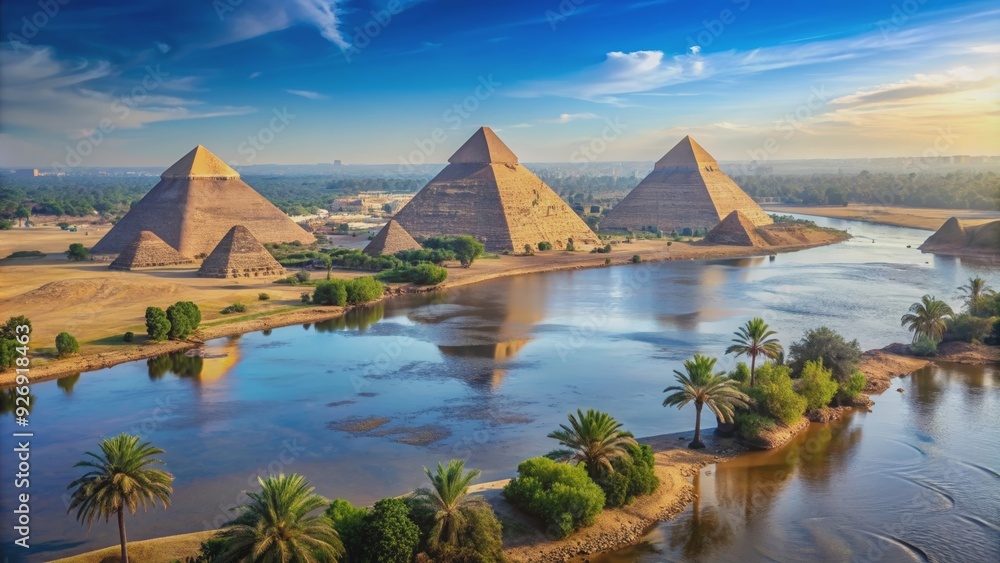 Pyramids in ancient Egypt surrounded by the flooding Nile River ...